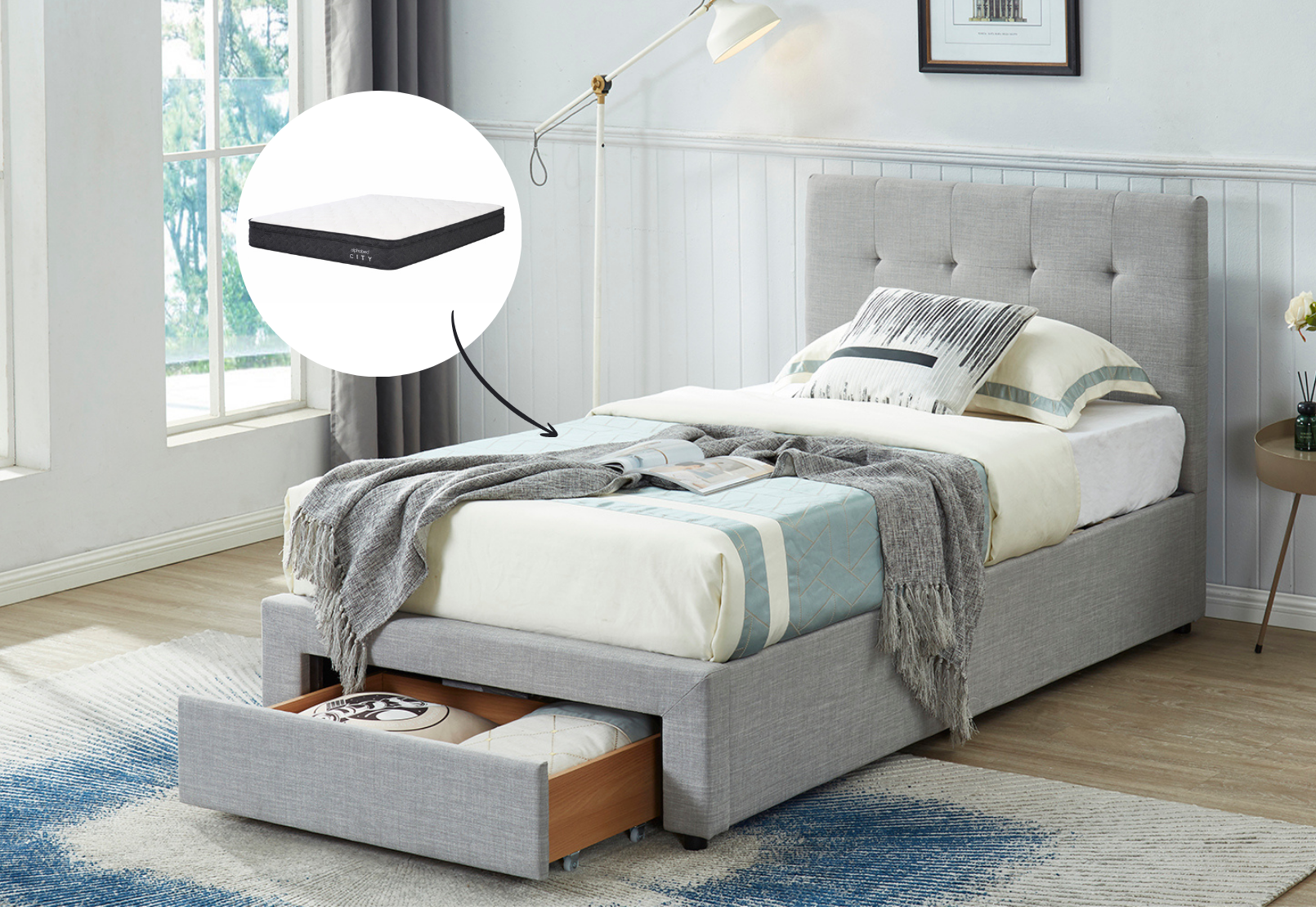 Isabella King Single Bed with Storage Drawer & Harbour City King Singl