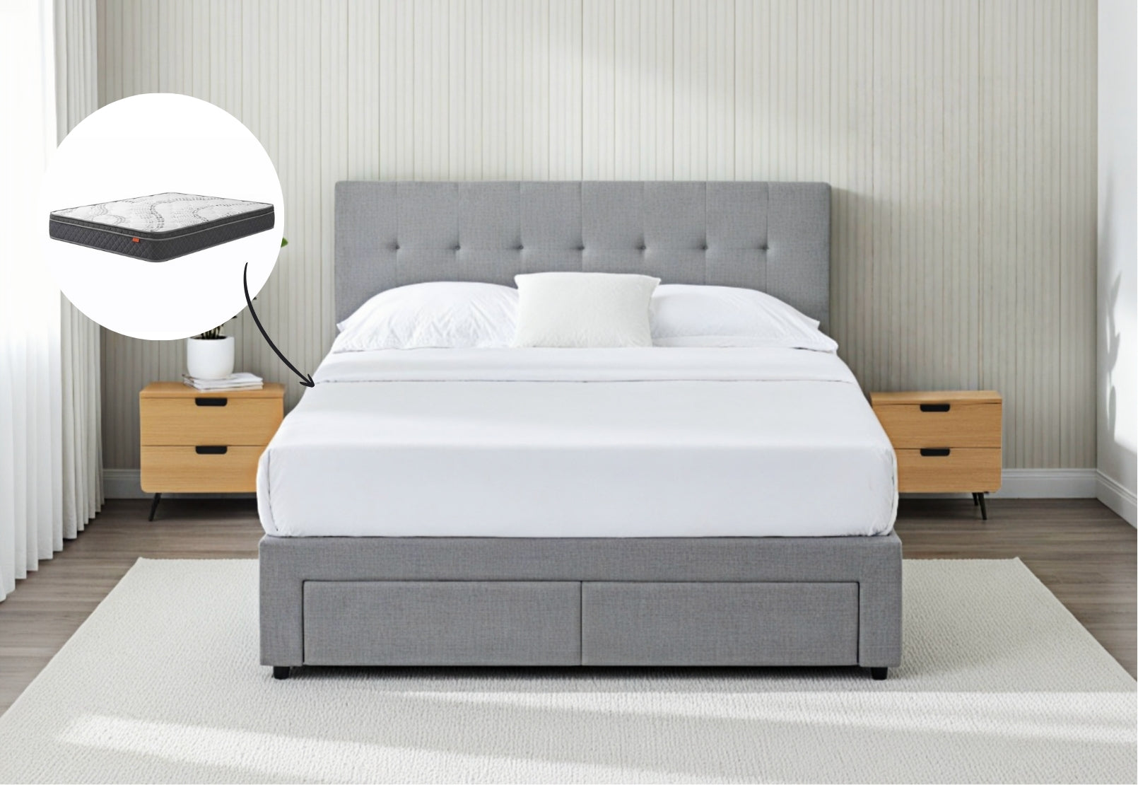 Isabella Queen Bed with Storage Drawers & Harbour City Queen Mattress